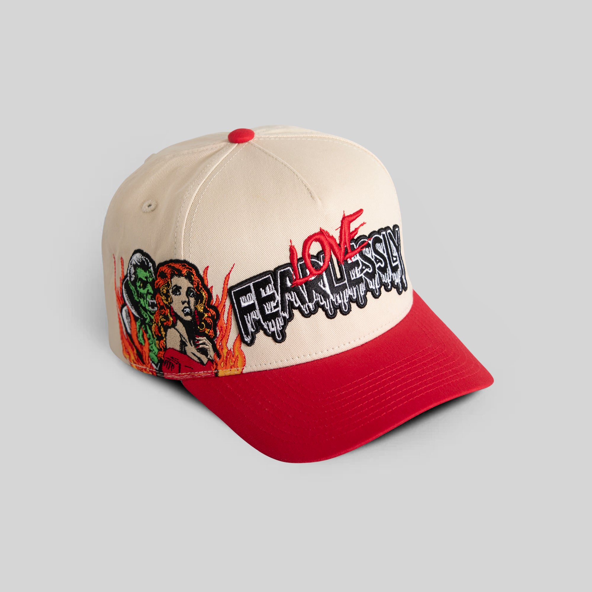 LOVE FEARLESSLY VAMPIRE SAND VARSITY RED TWILL TRUCKER