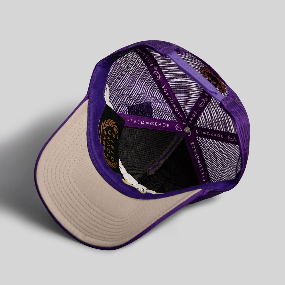 WE'RE ALL SCREWED PURPLE TRUCKER HAT